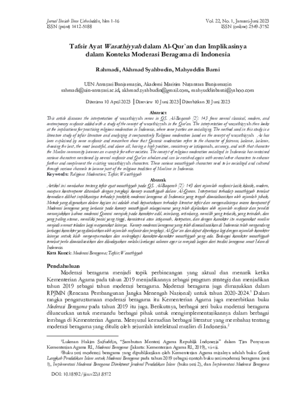 (PDF) Tafsir Ayat Wasathiyyah dalam Al-Qur`an dan Implikasinya dalam Konteks Moderasi Beragama ...