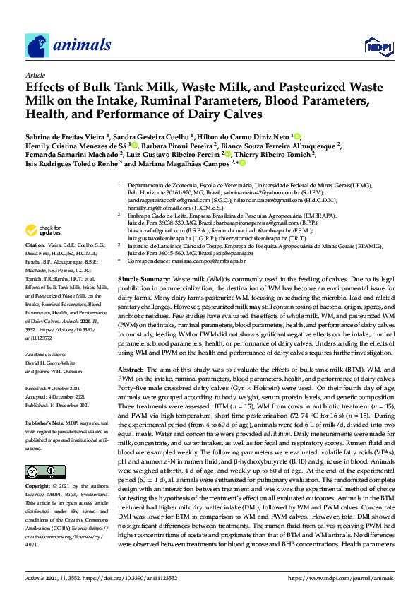 (PDF) Effects of Bulk Tank Milk, Waste Milk, and Pasteurized Waste Milk ...
