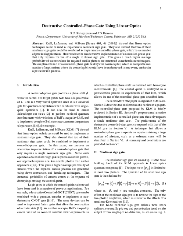 (PDF) Destructive Controlled-Phase Gate using Linear Optics