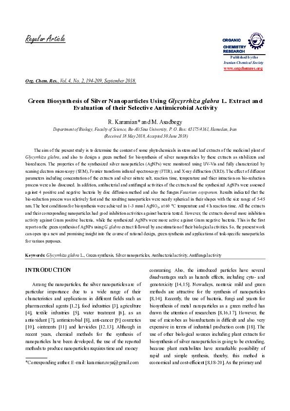 (PDF) Green Biosynthesis of Silver Nanoparticles Using Glycyrrhiza glabra L. Extract and ...