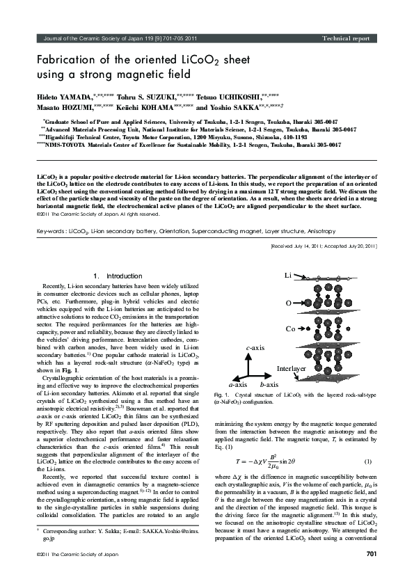 (PDF) Fabrication of the oriented LiCoO2 sheet using a strong magnetic ...