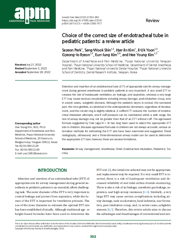 (PDF) Choice of the correct size of endotracheal tube in pediatric patients
