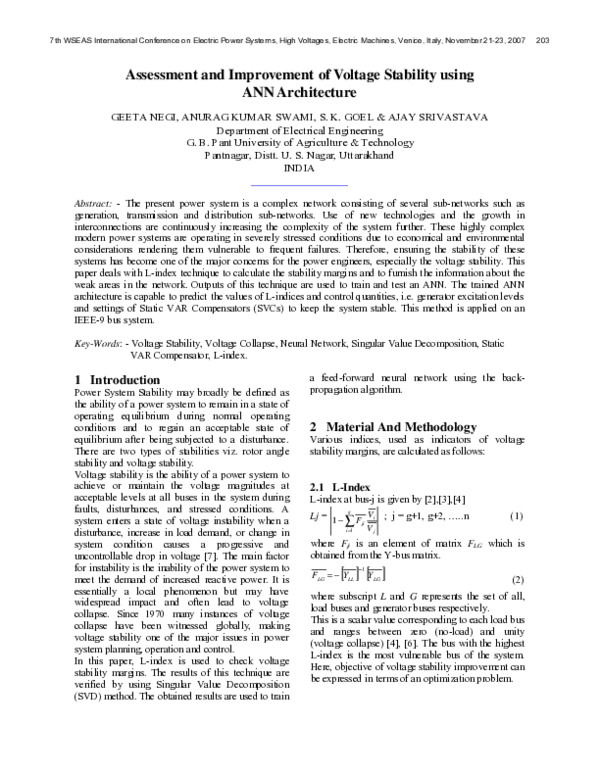 (PDF) Assessment and Improvement of Voltage Stability using ANN Architecture