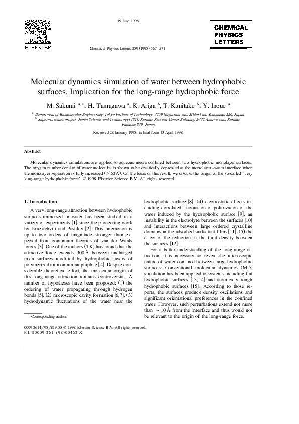 (PDF) Molecular dynamics simulation of water between hydrophobic surfaces. Implication for the ...