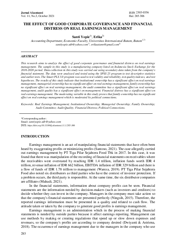 (PDF) The Effect of Good Corporate Governance and Financial Distress on Real Earnings Management