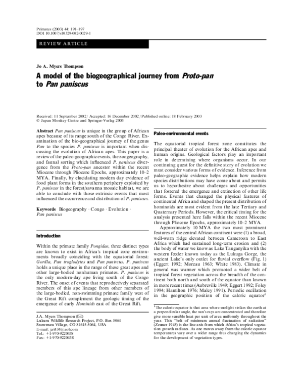 (PDF) A model of the biogeographical journey from Proto-pan to Pan paniscus