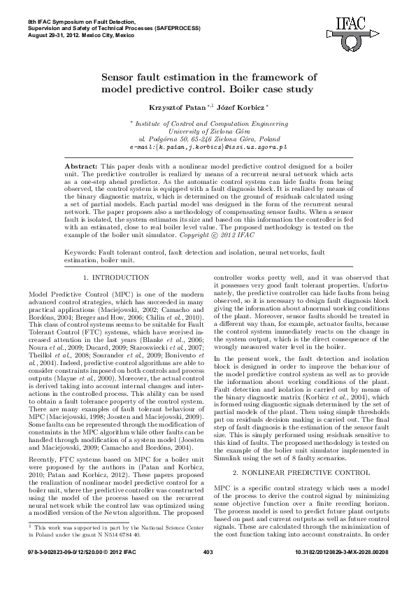(PDF) Sensor fault estimation in the framework of model predictive control. Boiler case study