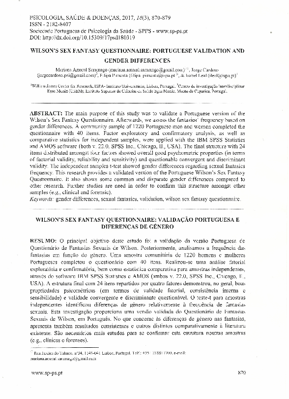 Pdf Wilsons Sex Fantasy Questionnaire Portuguese Validation And Gender Differences