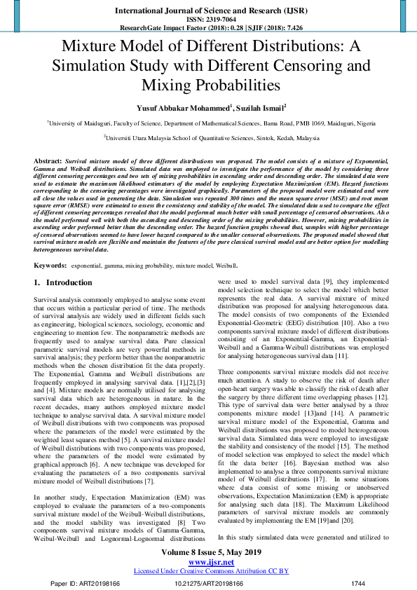 (PDF) Mixture Model of Different Distributions : A Simulation Study with Different Censoring and ...