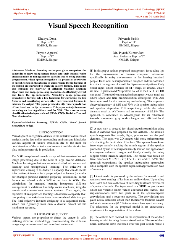 (PDF) Visual Speech Recognition