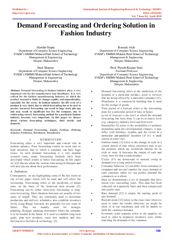 (PDF) Demand Forecasting and Ordering Solution in Fashion Industry