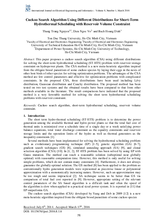 Pdf Cuckoo Search Algorithm For Hydrothermal Scheduling