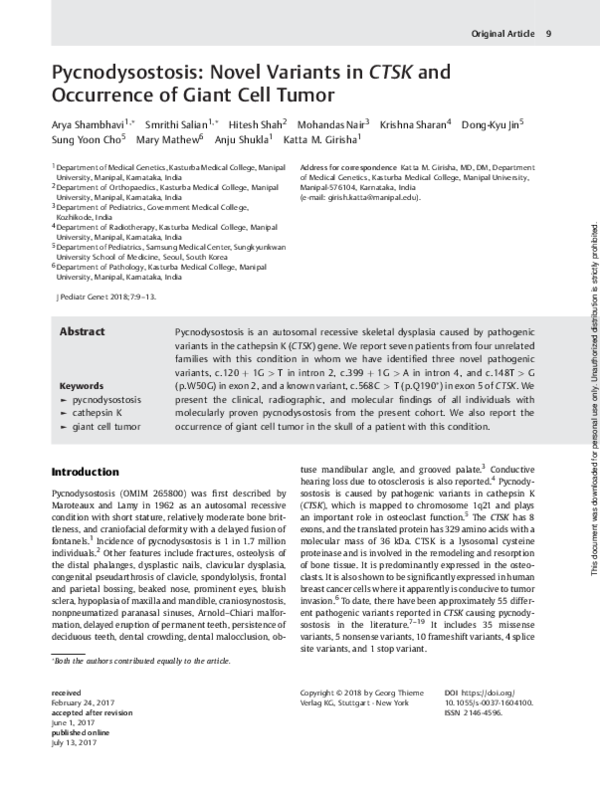 (PDF) Pycnodysostosis: Novel Variants in CTSK and Occurrence of Giant ...