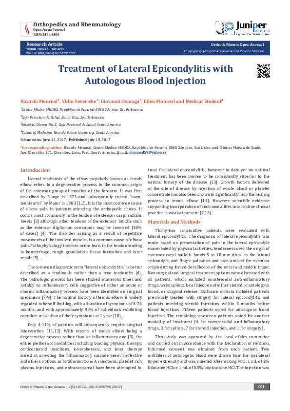(PDF) Treatment of Lateral Epicondylitis with Autologous Blood Injection