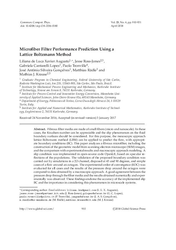 (PDF) Microfiber Filter Performance Prediction Using a Lattice Boltzmann Method