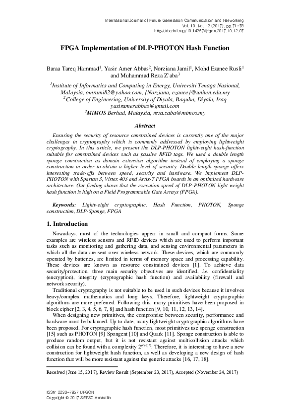 (PDF) FPGA Implementation of DLP-PHOTON Hash Function