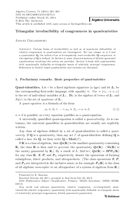 (PDF) Triangular irreducibility of congruences in quasivarieties ...