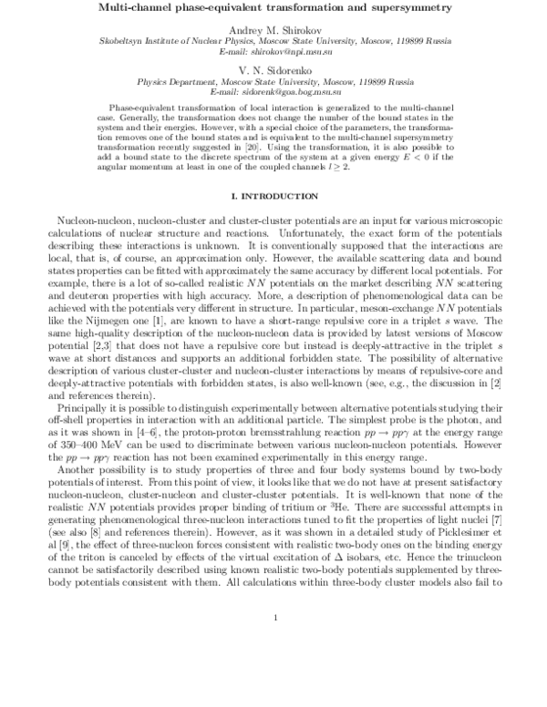 (PDF) Multichannel phase-equivalent transformation and supersymmetry