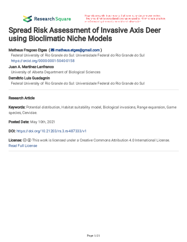 (PDF) Spread risk assessment of invasive axis deer using bioclimatic niche models
