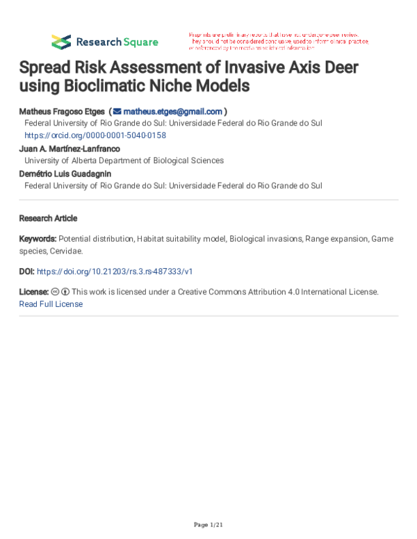 (PDF) Spread Risk Assessment of Invasive Axis Deer using Bioclimatic ...
