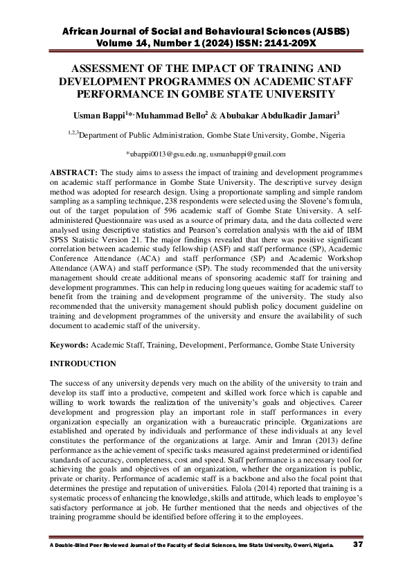 (PDF) ASSESSMENT OF THE IMPACT OF TRAINING AND DEVELOPMENT PROGRAMMES ON ACADEMIC STAFF ...