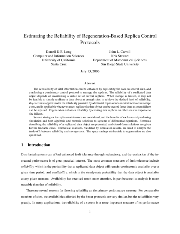 (PDF) The reliability of regeneration-based replica control protocols