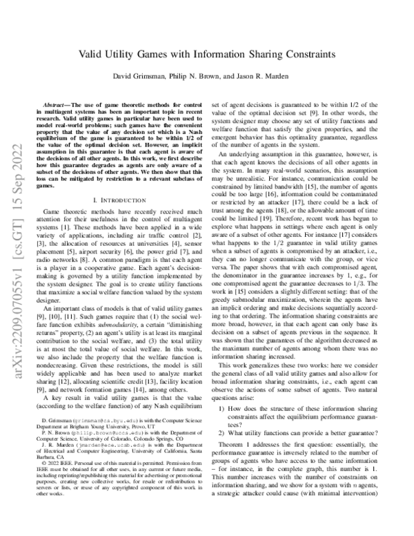 (PDF) Valid Utility Games with Information Sharing Constraints