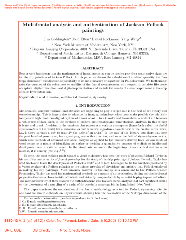 (PDF) Multifractal analysis and authentication of Jackson Pollock paintings