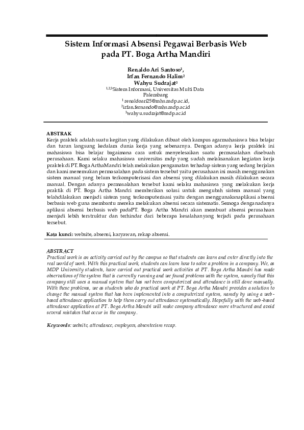(PDF) Sistem Informasi Absensi Pegawai Berbasis Web pada PT. Boga Artha Mandiri