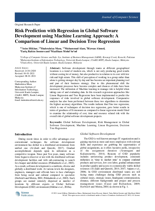 (PDF) Risk Prediction with Regression in Global Software Development ...