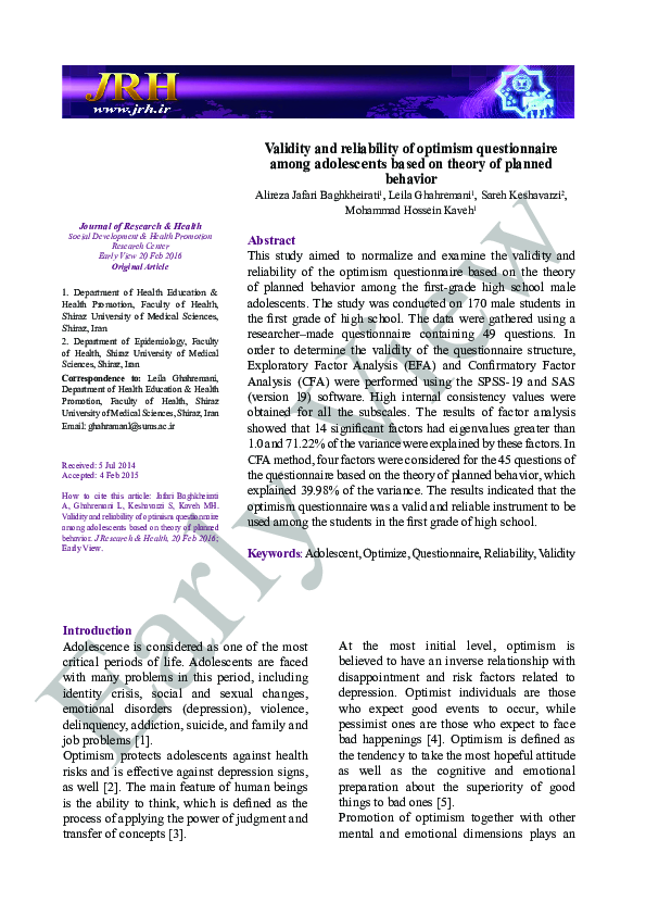 (PDF) Validity and reliability of optimism questionnaire among ...
