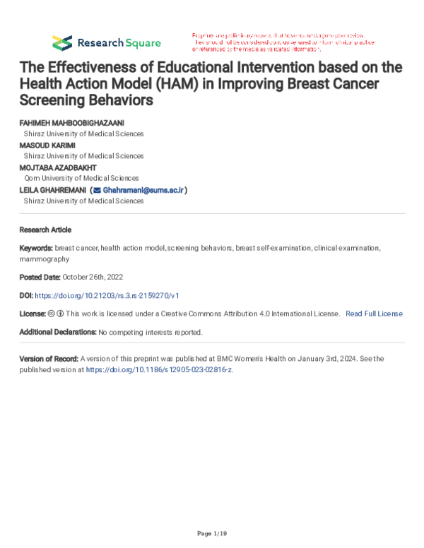 (PDF) The Effectiveness of Educational Intervention based on the Health Action Model (HAM) in ...