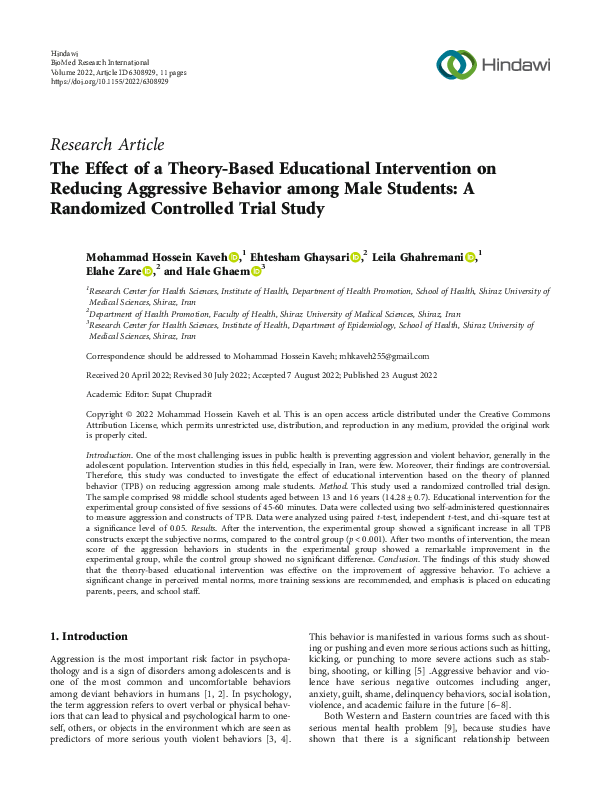 (PDF) The Effect of a Theory-Based Educational Intervention on Reducing Aggressive Behavior ...