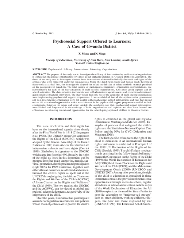 (PDF) Psychosocial Support Offered to Learners: A Case of Gwanda District