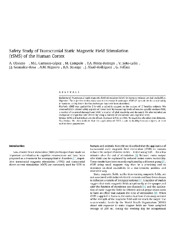 (PDF) Safety Study of Transcranial Static Magnetic Field Stimulation (tSMS) of the Human Cortex ...