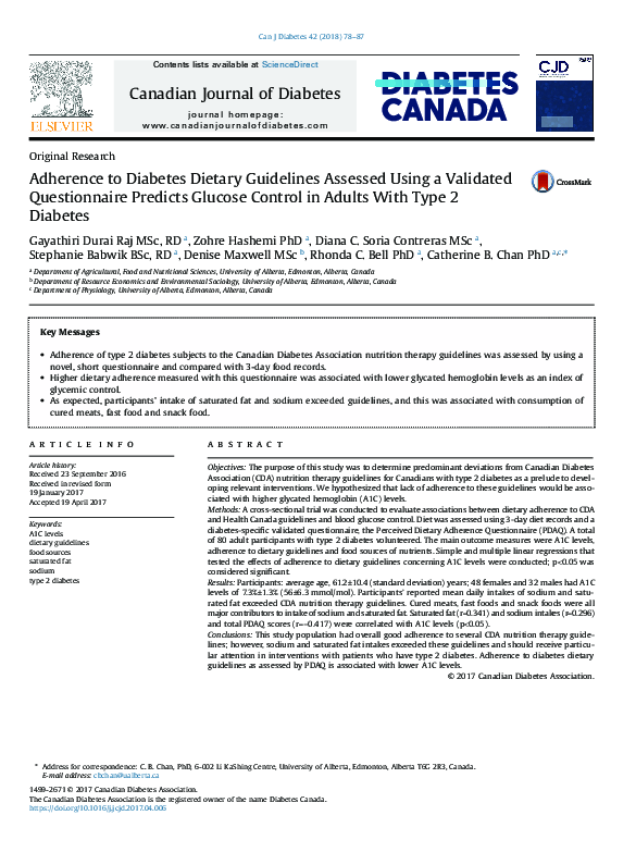 (PDF) Adherence to Diabetes Dietary Guidelines Assessed Using a ...