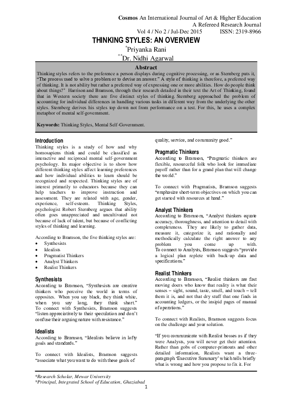 (PDF) Thinking Styles: An Overview