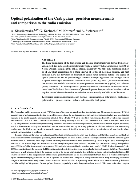 (PDF) Optical polarization of the Crab pulsar: precision measurements ...