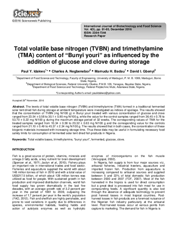 (PDF) Total volatile base nitrogen (TVBN) and trimethylamine (TMA) content of “Bunyi youri” as ...