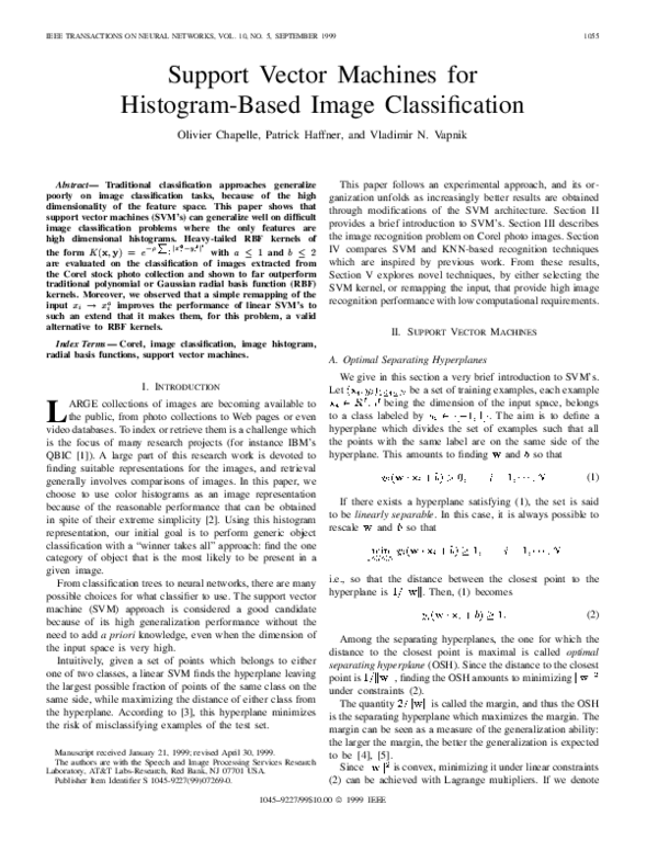 Pdf Support Vector Machines For Histogram Based Image Classification