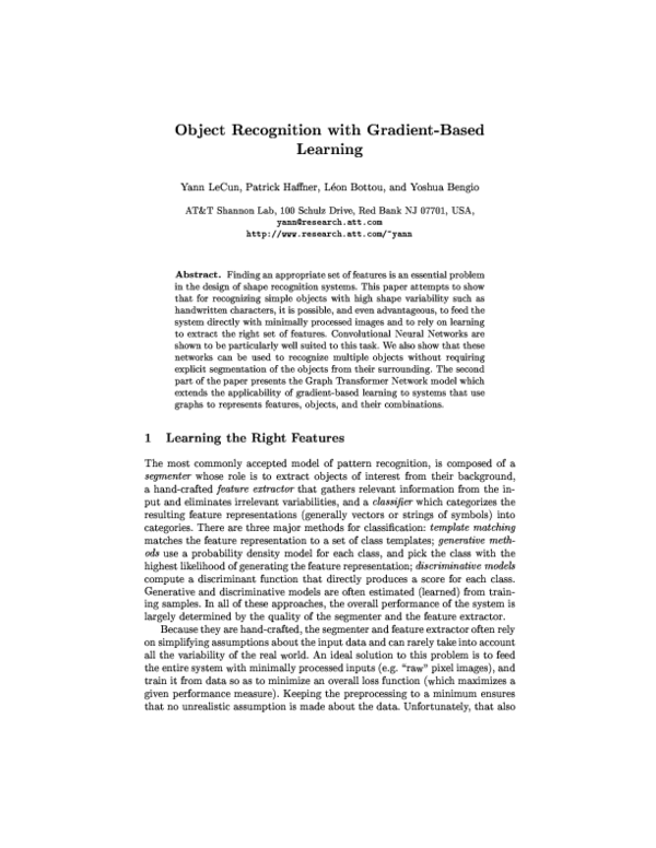 Pdf Object Recognition With Gradient Based Learning