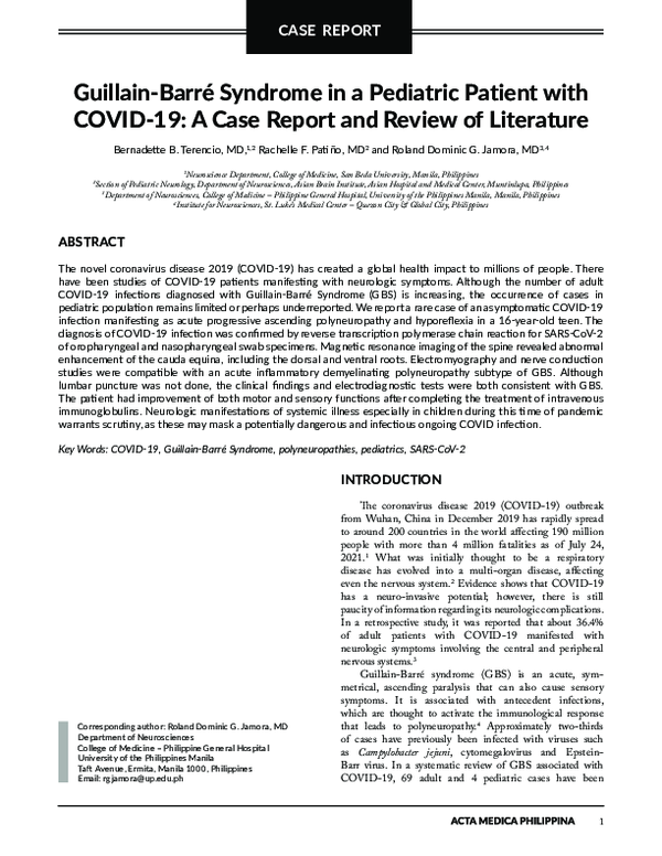 (PDF) Guillain-Barré Syndrome in a Pediatric Patient with COVID-19: A ...