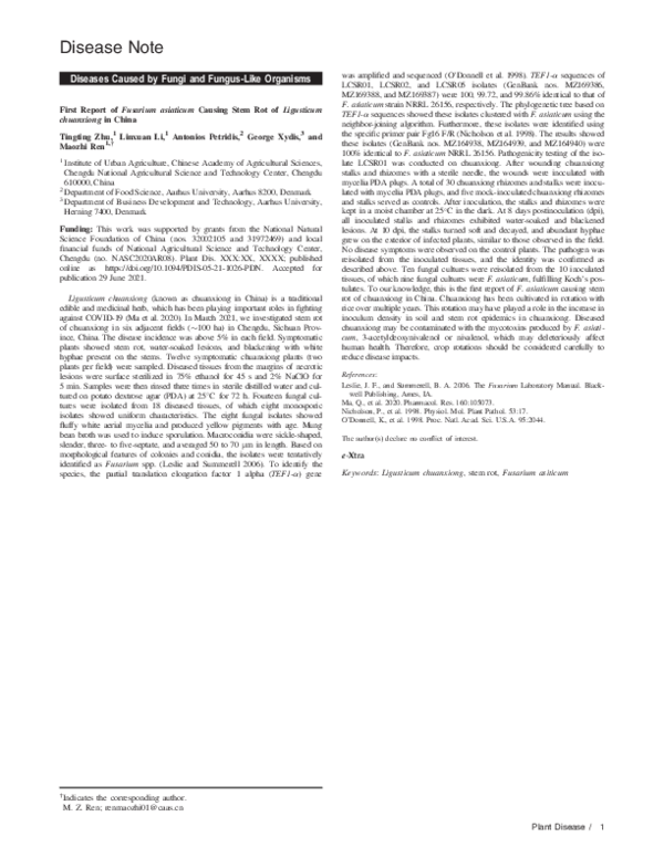 (PDF) First Report of Fusarium asiaticum Causing Stem Rot of Ligusticum ...