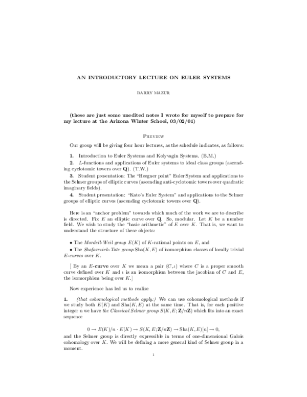 (PDF) An Introductory Lecture on Euler Systems
