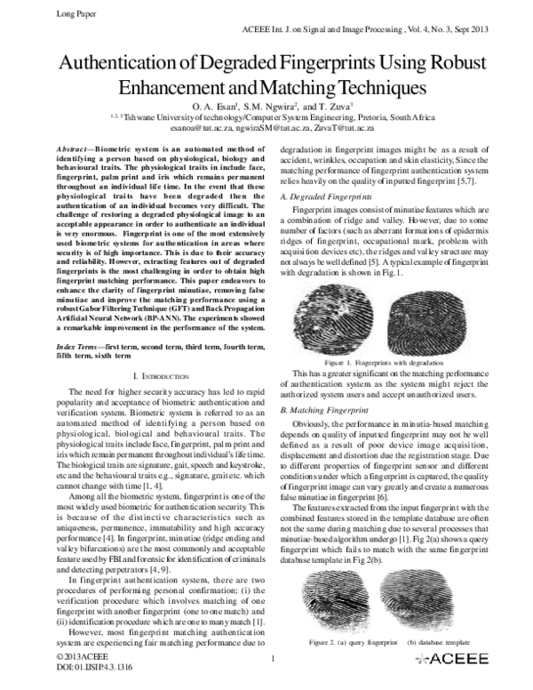(PDF) Authentication of Degraded Fingerprints Using Robust Enhancement and Matching Techniques