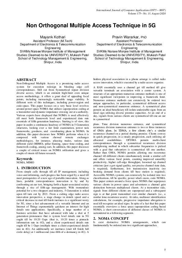 (PDF) Non Orthogonal Multiple Access Technique in 5G