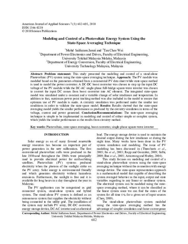 Pdf Modeling And Control Of A Photovoltaic Energy System Using Mppt Algorithm