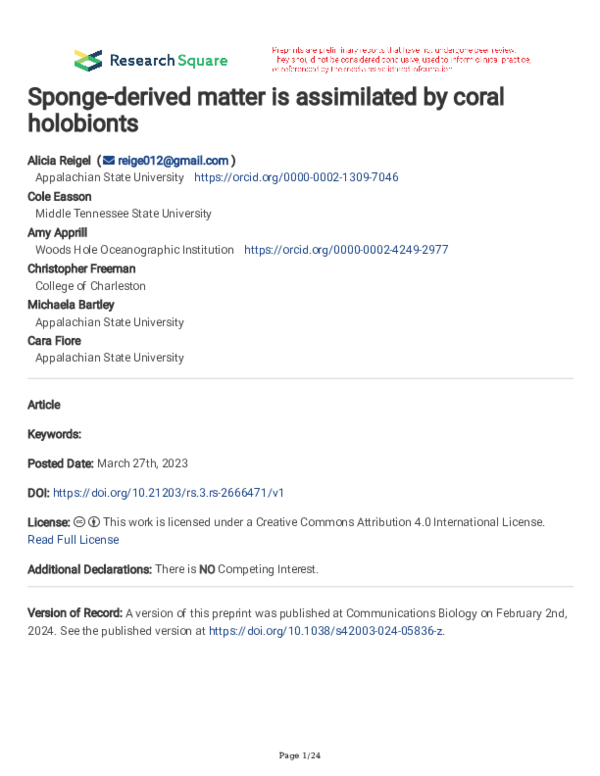 (PDF) Sponge-derived matter is assimilated by coral holobionts | Cara ...
