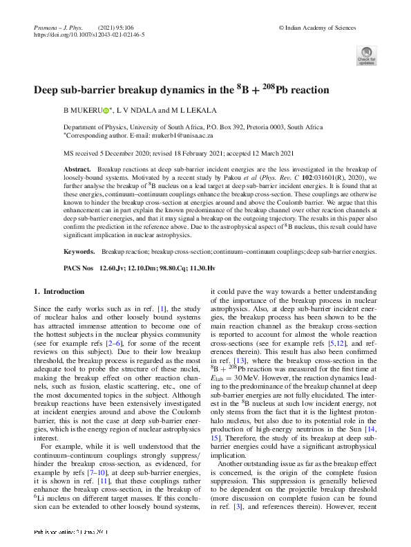 (PDF) Deep sub-barrier breakup dynamics in the $$^8{\mathrm{B}}+{}^{208 ...