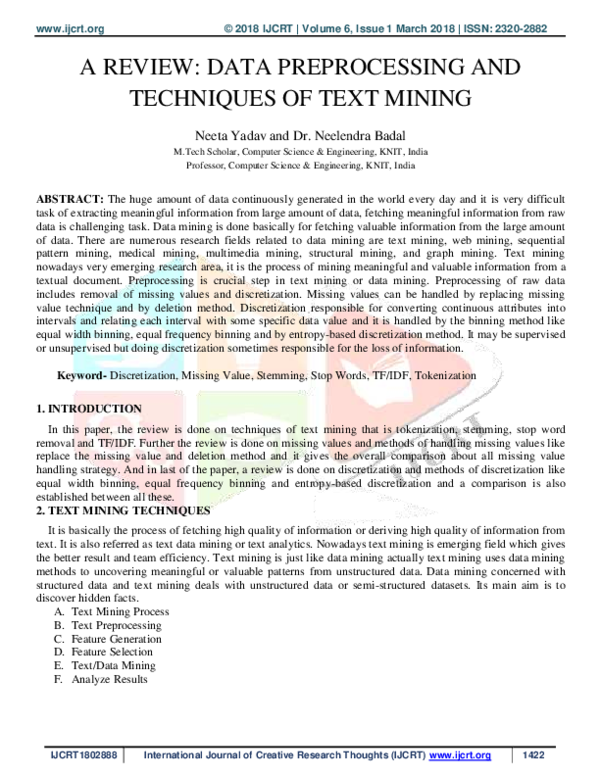 (PDF) A Review : Data Preprocessing and Techniques of Text Mining